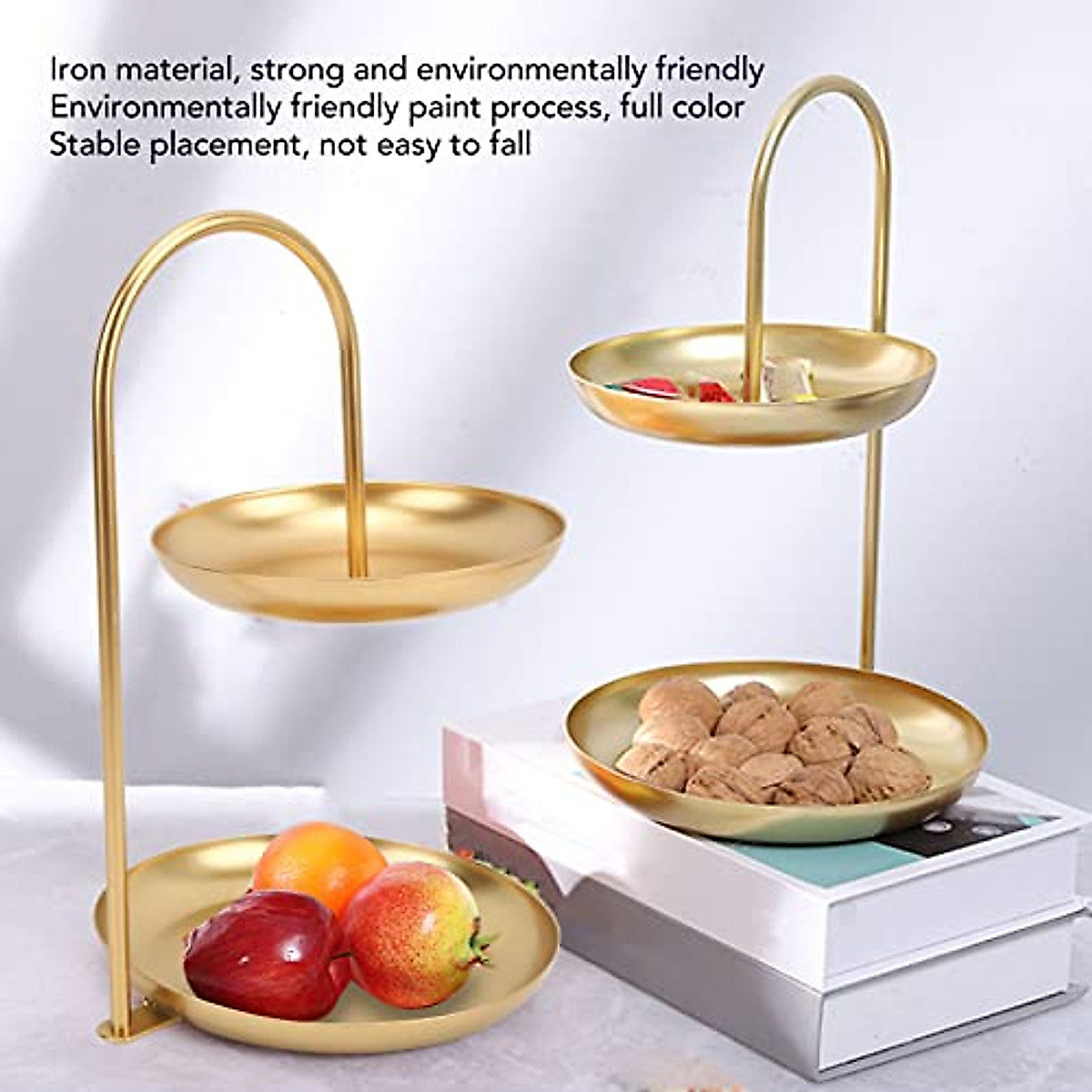 2 Tiered Large Capacity Fruit Tray, Strong Environmentally Friendly Nordic Style Gold Metal Tray, Simple Stylish Snack Tray place Fruits Cakes Candies