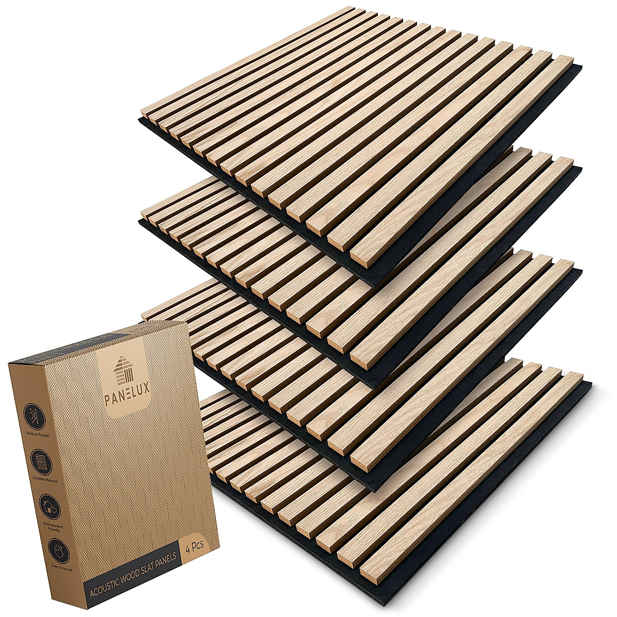 Panelux Wood Wall Panels 23.6 x 23.6 inch - 4-Piece 3D Accent Wall, Panel for Interior Decor - Natural Oak Slat Panels