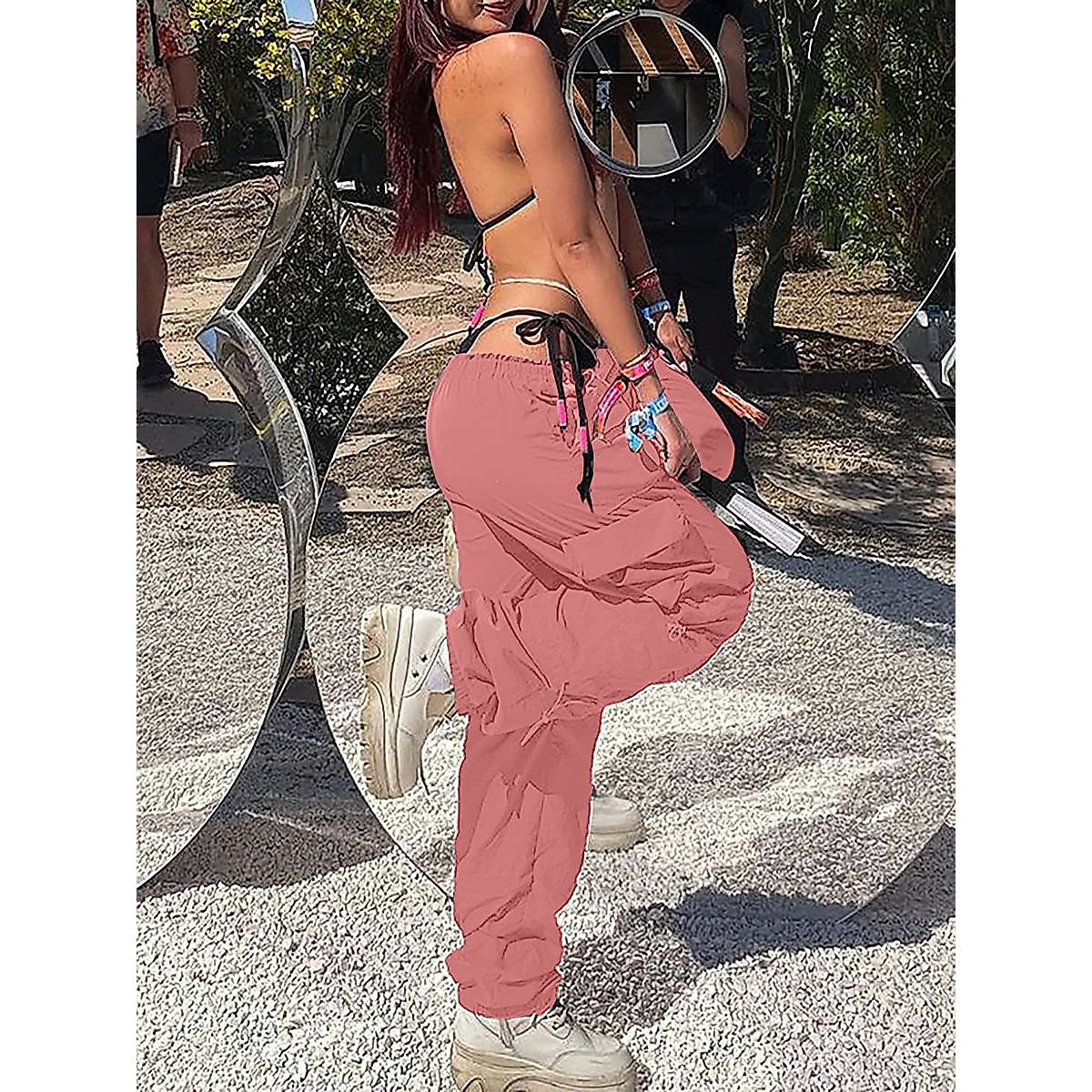 QYANGG Baggy Parachute Pants for Women& Girls Drawstring Elastic Low Waist Ruched Cargo Pants Multiple Pockets Jogger Y2K Pink