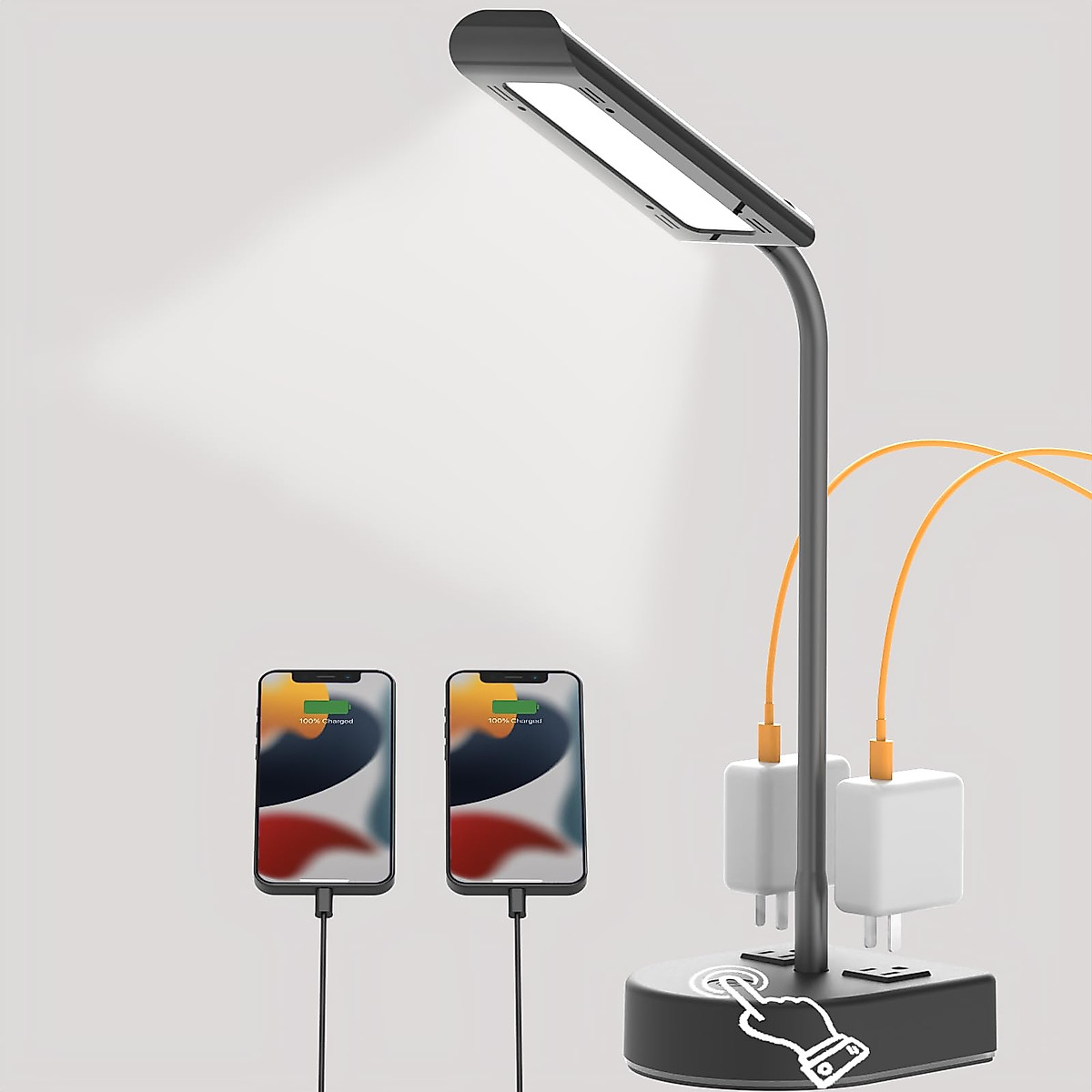 JICISSX Adjustable Gooseneck LED Desk Lamp with 2 USB Charging Ports and Touch Control,Architect Lamp for Home/Office/Workbench/Reading Working Black