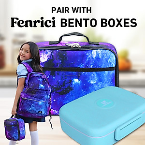 Fenrici Kids' Backpack with Lunch Box Gift Set for Boys and Girls, School Bag with Laptop Compartment and Insulated Lunch Bag, Galaxy Purple