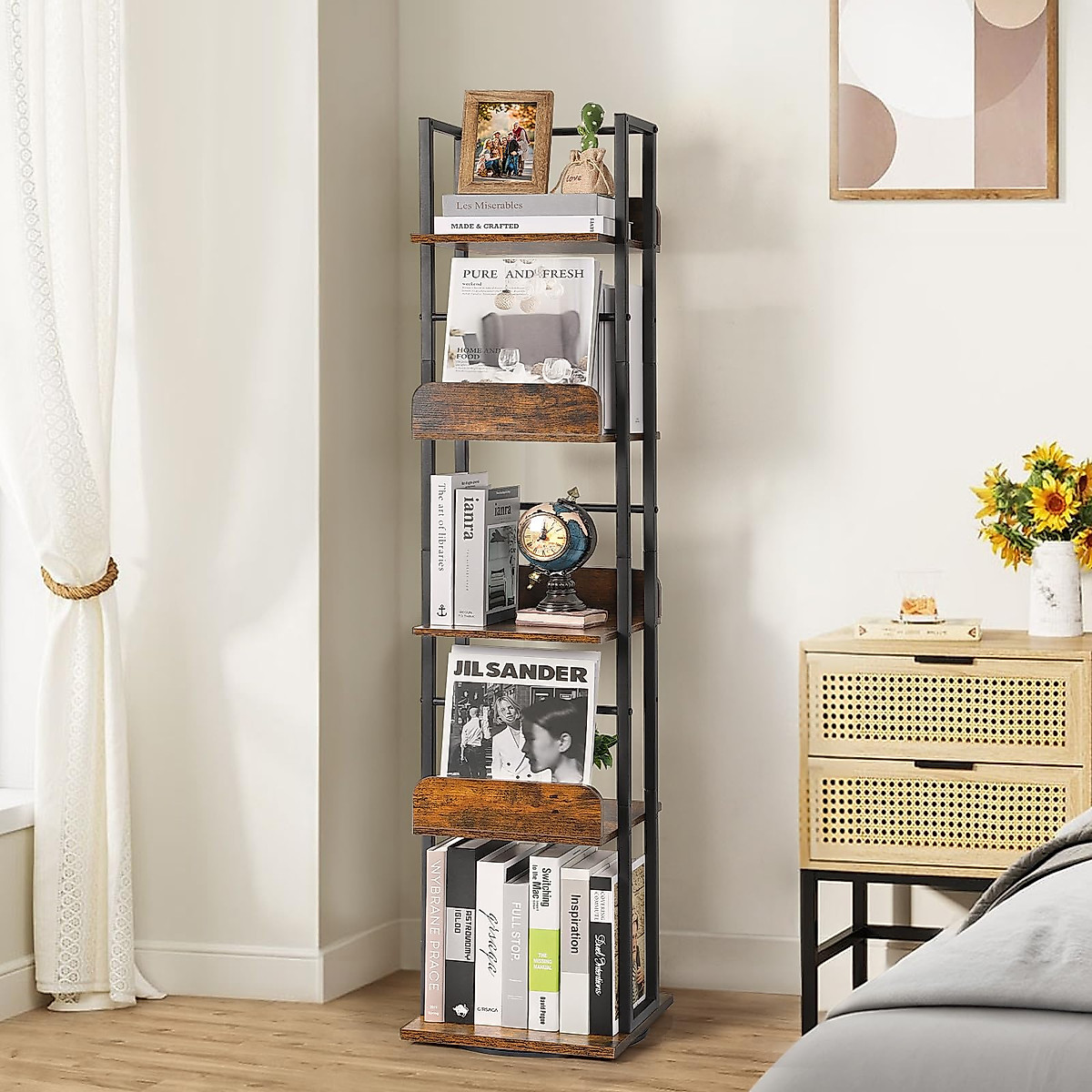Bikoney Bookshelves 5-Tier, Rotating Bookshelf Tower for Corner, Small Bookcase, Tall Industrial Bookshelf, Narrow Bookshelf, Wood and Metal Black