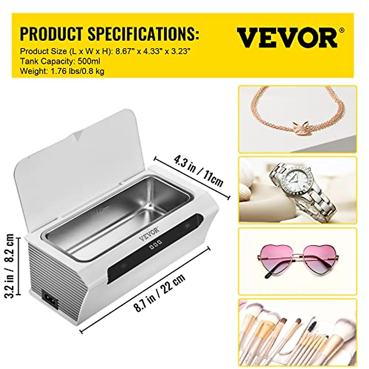 VEVOR Ultrasonic Jewelry Cleaner, 45kHz 500ml, Professional Ultrasonic Cleaner w/ 4 Digital Timer & SUS 304 Tank, Cleaning Basket Included, Ultrasonic Cleaner Machine for Jewelry Watches Coins, White