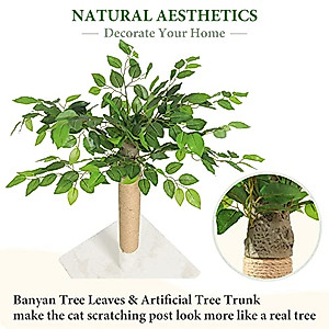 MSmask Cat Scratching Post, Natural Jute Sisal Scratch Pole, Cat Scratch Post with Artificial Banyan Leaves for Indoor Cats, Cat Scratcher & Home Decorating