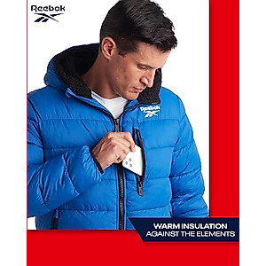Reebok Men's Winter Jacket - Heavyweight Quilted Puffer Parka Coat - Ski Jacket for Men, Sherpa Lined Hood (S-XL), Size Medium, Vector Blue