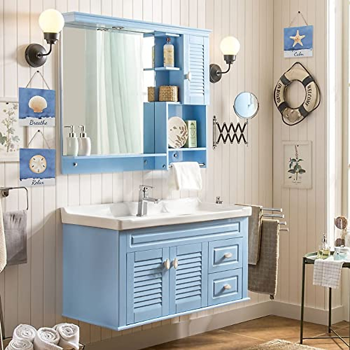 SELEAD Beach Decor Summer Wall Art - Set of 3 Calm Breathe Relax Words Sign, 5" Square Ocean Coastal Themed 3D Seashell Starfish for Bathroom Bedroom, Blue