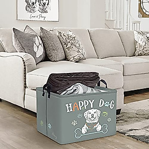 Clastyle Collapsible Happy Dog Toy Storage Bin with Handle Grey Rectangular Puppy Storage Basket for Pets Toys Clothes Leashes, 15.7x11.8x11.8 in