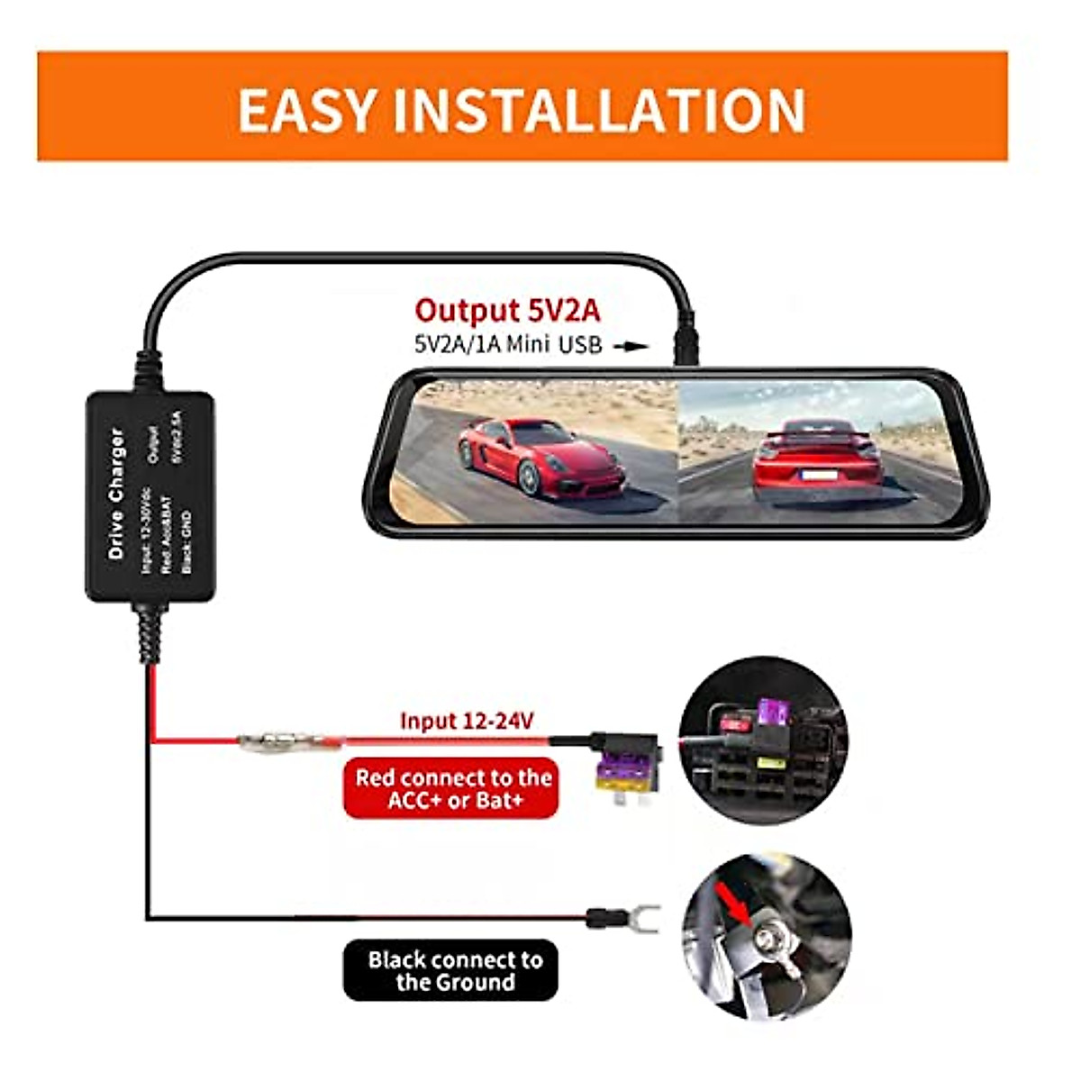Dash Cam Hardwire Kit, Mini USB Hard Wire Kit for Dashcam, 12-30V to 5V Car Dash Camera Hardwiring Kit with for Radar Detector