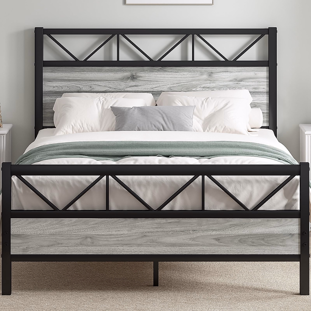 CHABUILDREARK Queen Bed Frame, Industrial 51.2" Platform Bed, Tall Headboard Queen Bed Frame with Strong Metal Support, No Box Spring Needed, Easy Assembly, Wash Grey
