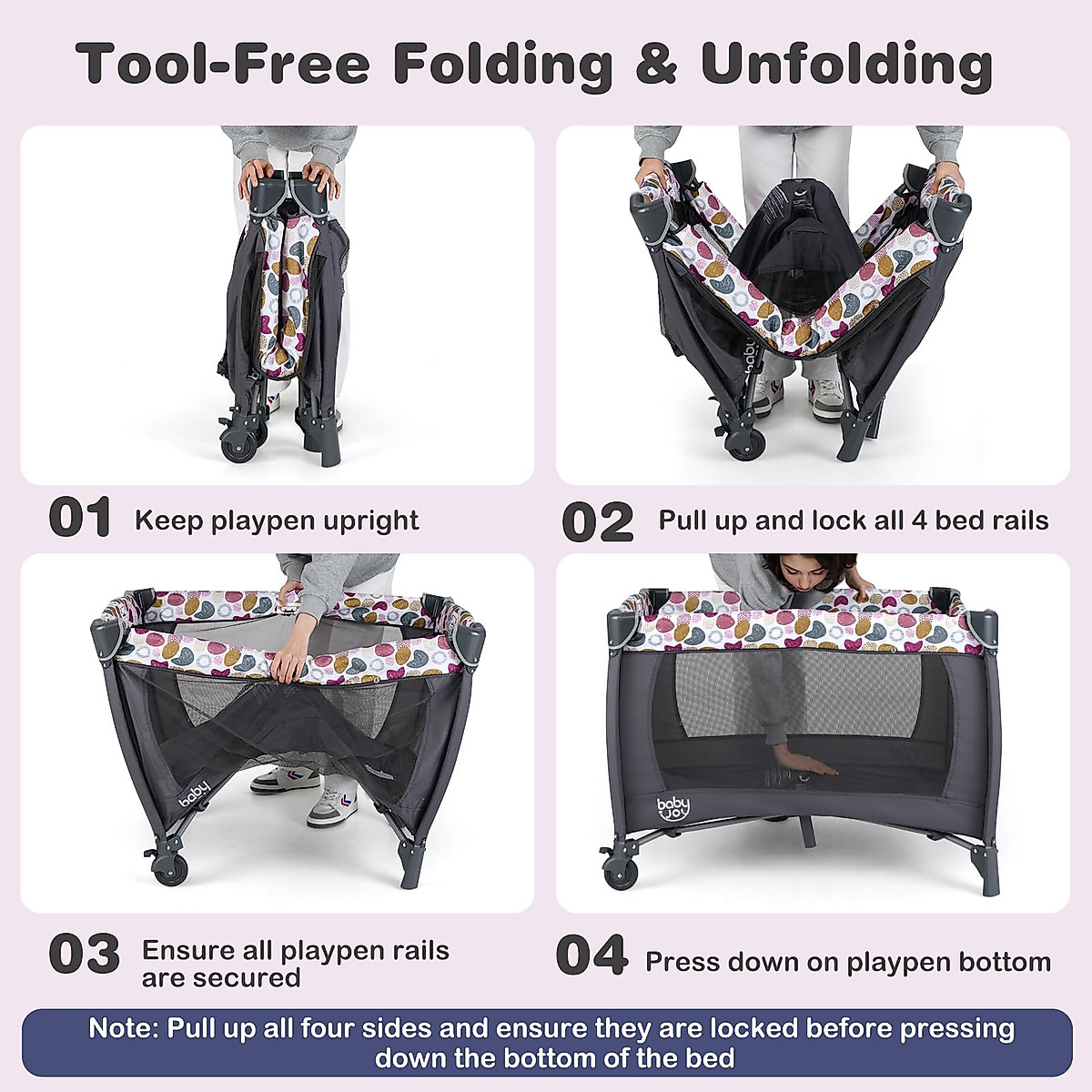 BABY JOY 5 in 1 Pack and Play, Portable Baby Playard w/Bassinet & Diaper Changing Table, Infant Nursery Center Pink Bassinet with Toys & Music & Oxford Bag for Baby Girl Toddlers (Rose, Dot Circle)