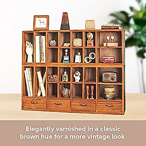 Wood Cabinet Floating Shelves (Set of 2) - Includes 1 Cubby Shelf w/ 12 Slots & 4 Drawers and 1 Wide Wooden Shelf - Stackable Farmhouse Decor Walnut Wood Cabinet - Total of 26 Compartments