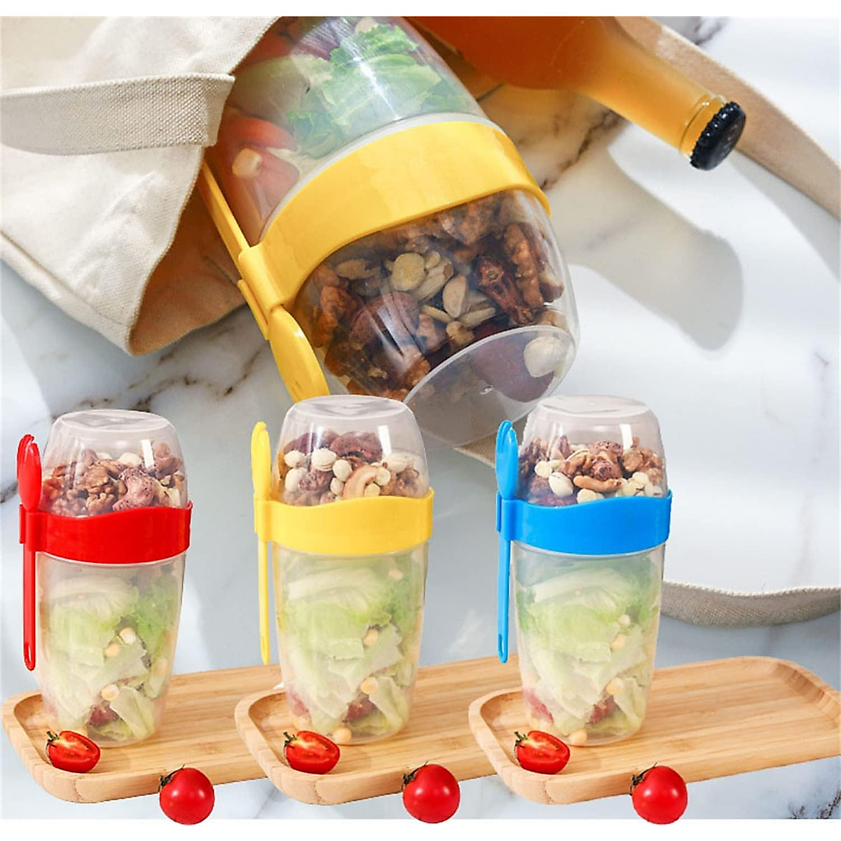 Habysedu Keep Fit Salad Meal Shaker Cup,Travel Cup with Snack Bowl, Portable Fruit and Vegetable Salad Cups Container with Fork & Salad Dressing Holder, Overnight Oats Containers with Lids(Blue)