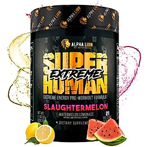 ALPHA LION Superhuman Extreme, Extreme Energy Pre-Workout Formula, Intense, Sustained Energy and Focus, Elevated Nitric Oxide, Maximum Pumps & Nutrient Delivery (21 Servings, Slaughtermelon)