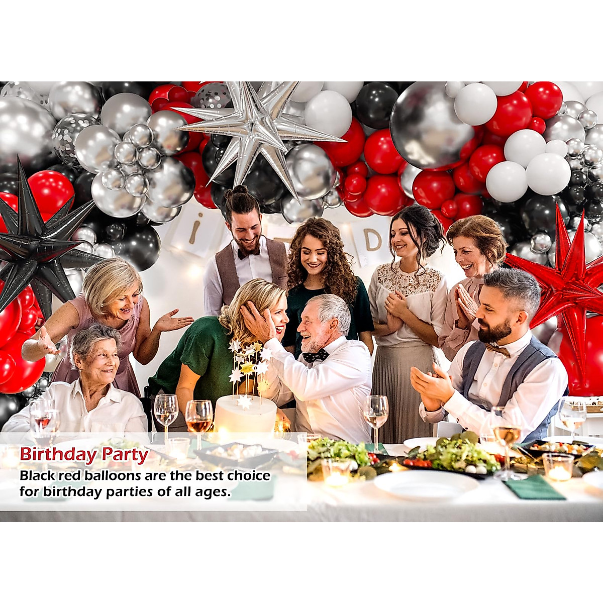 Red and Black Balloon Arch Kit with Star Balloons, Red Black and White Metallic Silver Balloon Arch Garland Kit for Birthday Prom Red Black Graduation 2024 Party Decorations