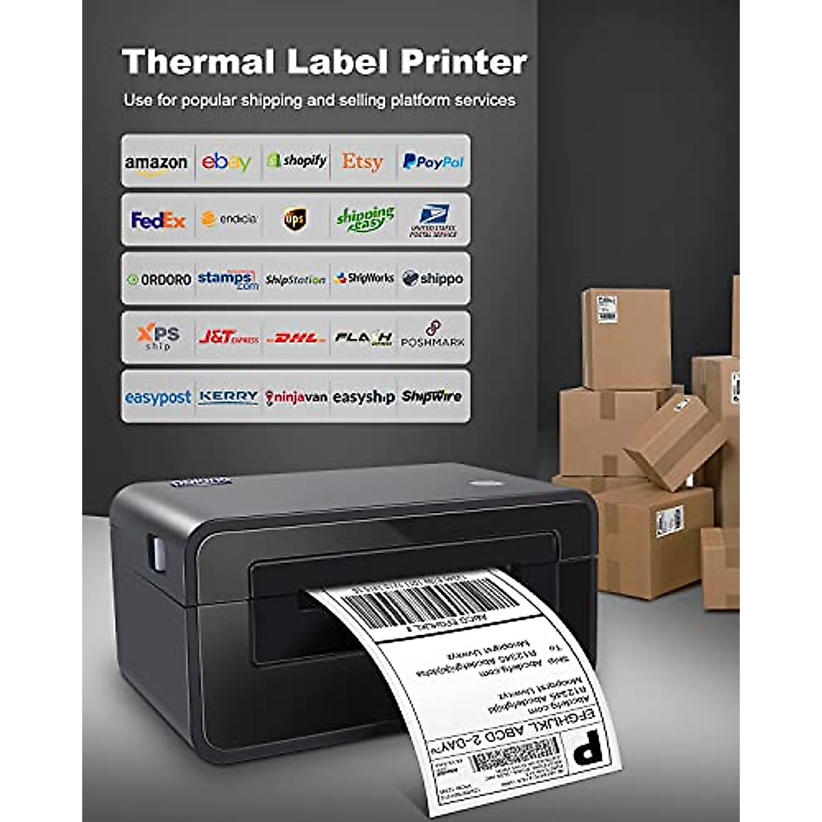 POLONO Shipping Label Printer Gray, 4x6 Thermal Label Printer for Shipping Packages, Commercial Direct Thermal Label Maker, Shipping Label, 4 x 6 Direct Thermal Labels, 220 Labels × 4 Rolls