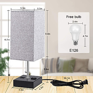 WIHTU 3-Color Temperature Bedside Lamp with USB Port and AC Outlet Table Lamps for Bedroom Lamps Nightstand Lamps with Grey Shade Black Metal Bed Lamp Small Desk Lamps for Living Room(Bulb Included)
