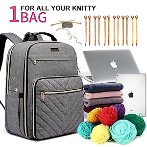 Knitting Bag Backpack, Crochet Bag Tote, Large Yarn Storage Tote Bag with USB Charging Port, Yarn Holder Case for Carrying Projects, Knitting Needles, Yarn Supplies, Grey