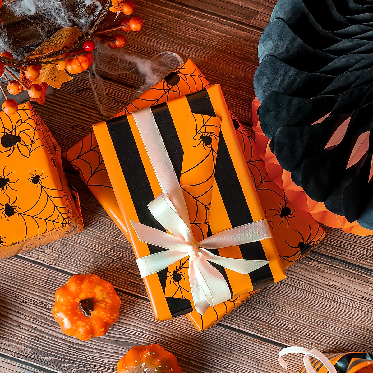 WRAPAHOLIC Halloween Reversible Wrapping Paper Roll - Mini Roll - 17 Inch X 33 Feet - Spider Design, Perfect for Halloween Decorations, Holiday, Party