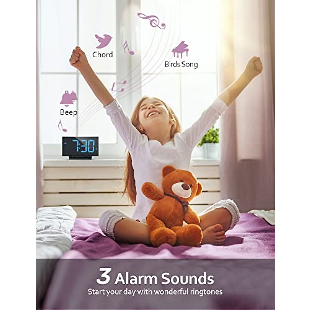 Digital Alarm Clock for Bedrooms, Digital Clock with Modern Curved Design, Conspicuous Blue LED Numbers, 6 Levels Brightness, 2 Volume, 3 Alarm Tones, Snooze, Power-Off Memory, 12/24H, Bedside Clock