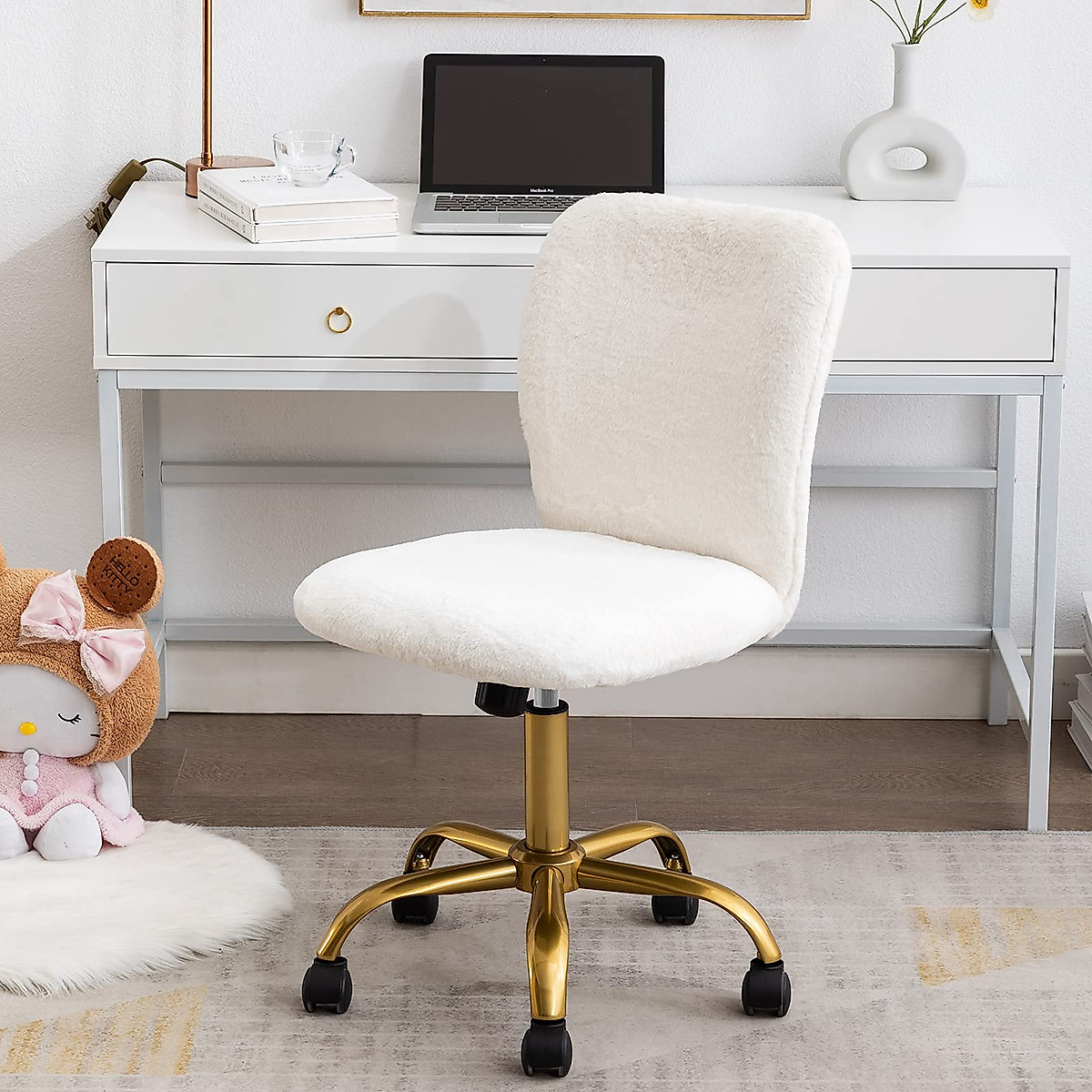 DUHOME Faux Fur Home Office Desk Chair, Modern Fluffy Fuzzy Vanity Chair with Wheels Golden Base Height Adjustable Swivel Task Chair for Girls Women, White & Faux Fur