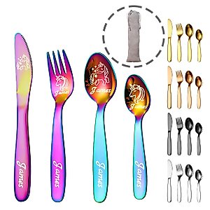 Personalized Dinosaur Unicorn Cutlery Set, Laser Engraved Custom Name Cutlery Set, Stainless Steel Kids Utensils (4 Piece), Kids Silverware Set, Unique Children's Gifts