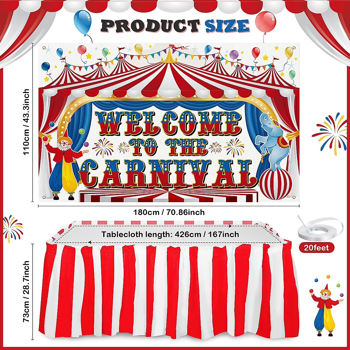 Carnival Circus Theme Party Decorations Welcome to The Carnival Backdrop Banner and Red White Striped Table Skirt Set for Carnival Theme Party Circus Christmas Halloween Birthday Party Decor