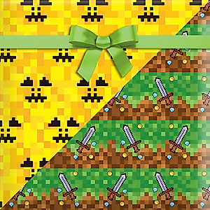 12 Sheets Pixel Style Gift Wrapping Paper,Pixel Miner Pattern Wrapping Paper For Video Game Party DIY Gift Packing Miner Crafting Birthday Party Favor, 20 x 27 Inch