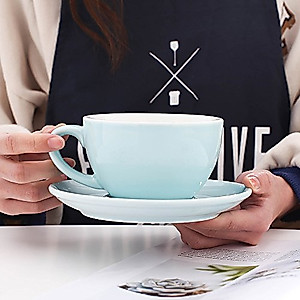 Coffeezone Latte Art Cup and Saucer for Latte & Cappuccino, Great Cup Shape for Coffee Shop and Barista (Glossy Light Blue, 10.5 oz)