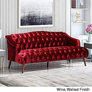 GDFStudio Esther Modern Glam Tufted Velvet 3 Seater Sofa, Wine and Walnut