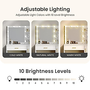 WAYES Makeup Vanity Set with Lighted Mirror, Charging Station, and Storage Stool - 3-Foot Vanity Desk for Bedroom, White