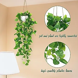 FIAHOSEY Faux Plants Indoor - 2Pcs Fake Hanging Potted Pothos Plant for Home Decor Artificial Greenery for Bedroom Living Room Office Garden Wall Shelf Decor
