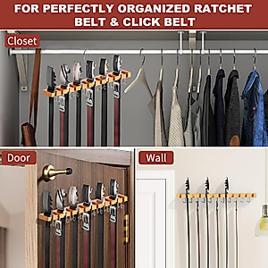 Cuipingoo Belt Hanger for Closet | 2-in-1 Wall Mount Belt Rack | 23 Slots Storage Max 42 Belts w/ 360° Hook | Ratchet Belt Organizer for Closet Accessories, Wardrobe, Door, Wood 1 Pack