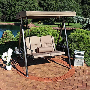 Sunnydaze Outdoor Porch Swing Loveseat with Adjustable Canopy and Steel Frame, Cushions and Pillow Included, 2-Person Patio Seater, Beige