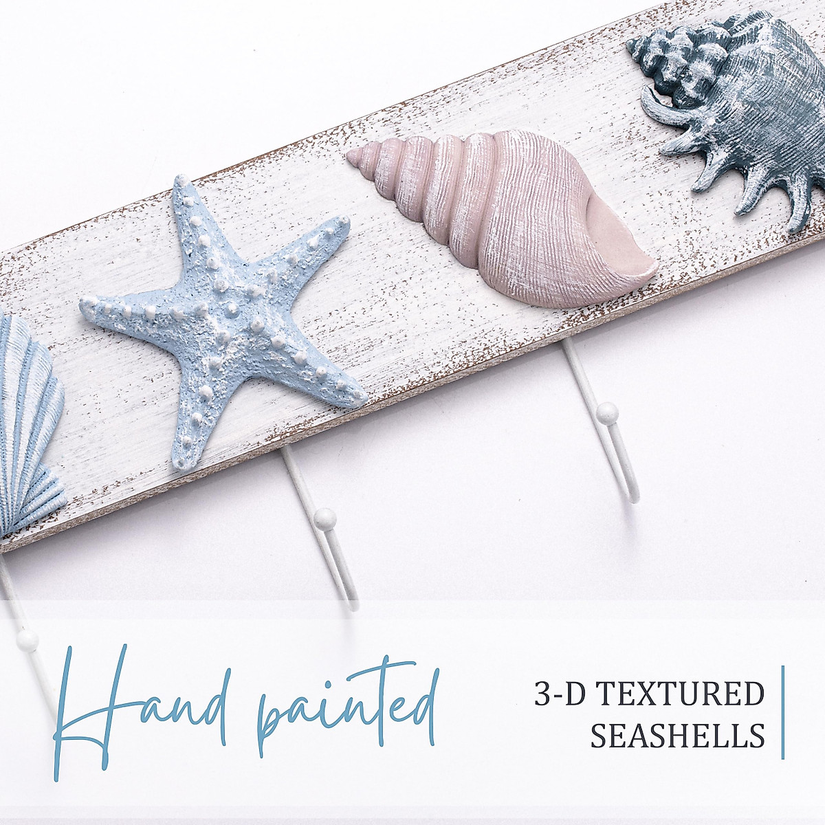 TideAndTales Beach Bathroom Decor 3D Seashell Wall Hooks Towel Rack for Coastal Bathroom, Bedroom or Kitchen - Shells and Starfish Beach Decorations for Home - Ocean Theme Beach House Decor