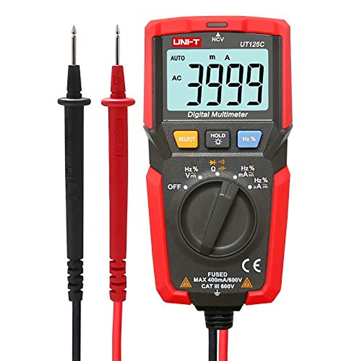 UNI-T UT125C Digital Multimeter Pocket Multi Tester, 4000 Counts AC DC Voltage AC DC Current Resistance Capacitance Frequency Duty Cycle NCV Diode Test Continuity Test Data Hold Auto Power Off