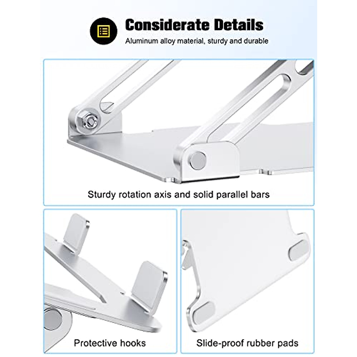 RIWUCT Adjustable Laptop Stand, Ergonomic Laptop Riser Holder for Desk, Aluminum Sturdy Dual Rotation Axis Foldable Computer Stand, Compatible with MacBook Pro All Notebooks 10-16" (Silver)