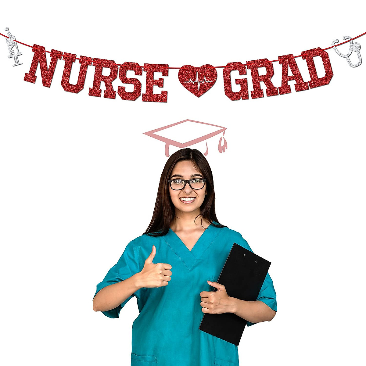 Nurse Grad Banner - Congrats RN/BSN Graduation Sign - Future Nurse/Medical/Nursing School Graduation Party Decorations Supplies, Red Glitter