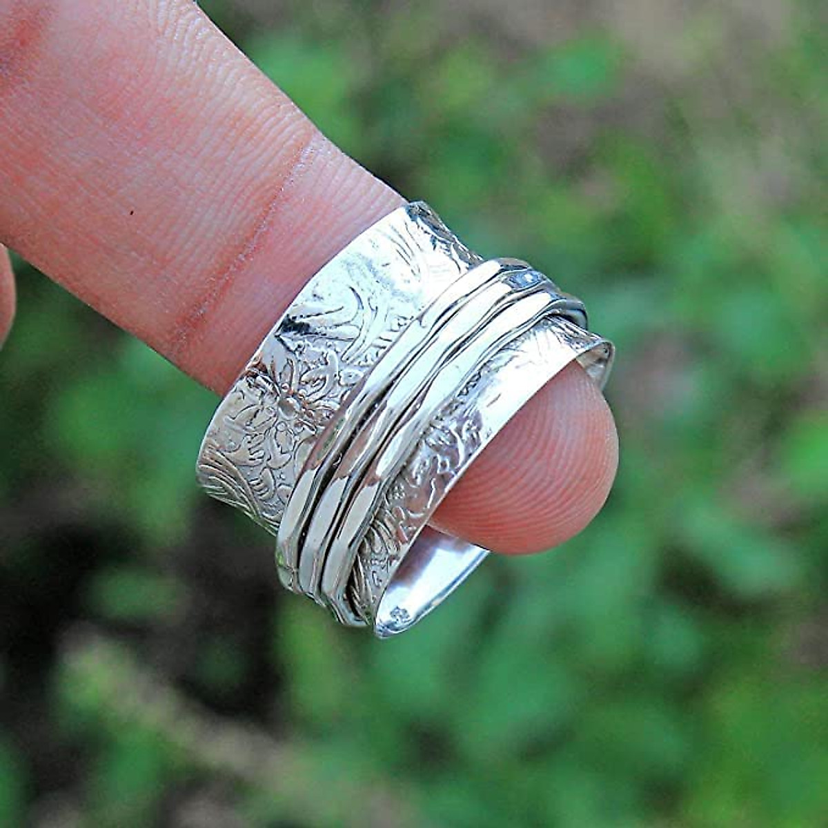 DAMRU Anxiety Ring For Women 925 Sterling Silver Plated Spinning Spinner Oxidized Concave Handmade Boho Band Meditation Stress Relief Rings (10)