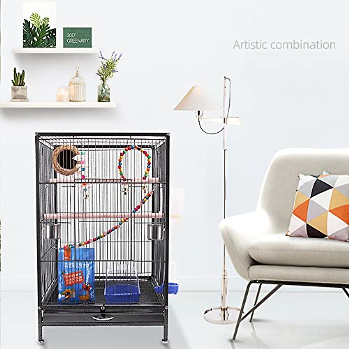 33 Inch Wrought Iron Bird Cage with with Play Open Top and Rolling Stand for Mid-Sized Parrots Cockatiels Sun Parakeets Green Cheek Conures (White)
