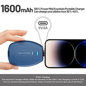 HUAENG USB C Keychain Portable Charger, 1600mAh Mini Type-C Power Emergency Pod Ultra-Compact External Battery Pack Power Bank for Samsung Andriod Key Ring Cell Phone Charger-Blue