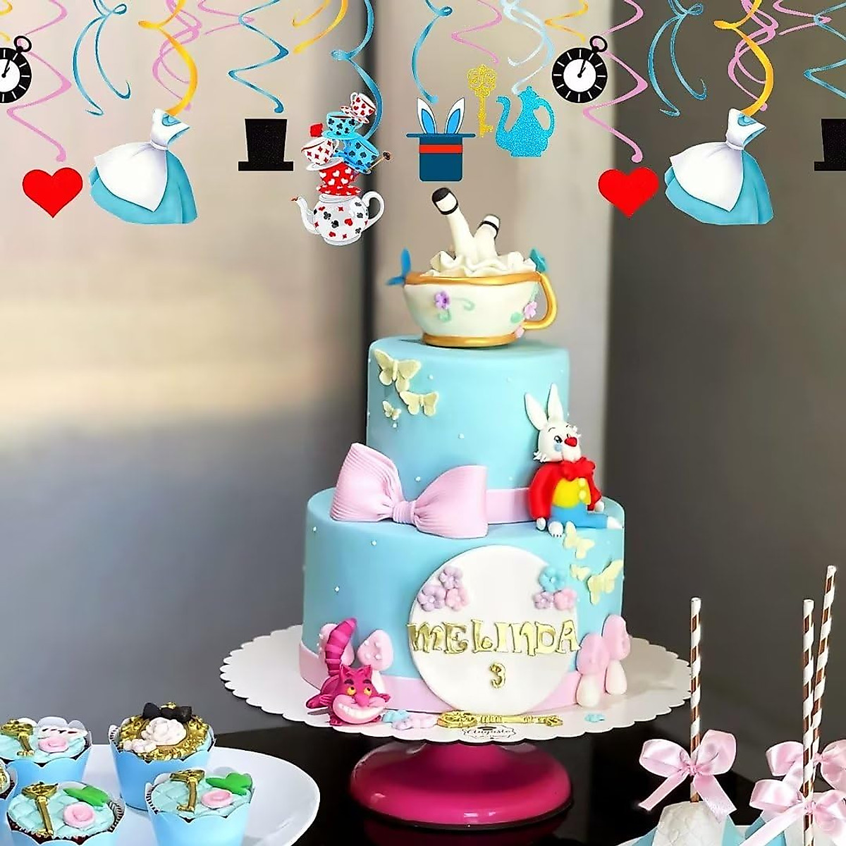 LaVenty 16 PCS Alice Hanging Swirl Decorations Alice Party Decoration Alice Banner Alice Party Supplies Tea party Hanging Swirl Decorations