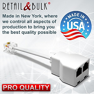 RetailAndBulk Phone Jack Splitter for Landline Telephone RJ11 6P4C 2 Way Adapter (1 Splitter + 3 Inch Cable)