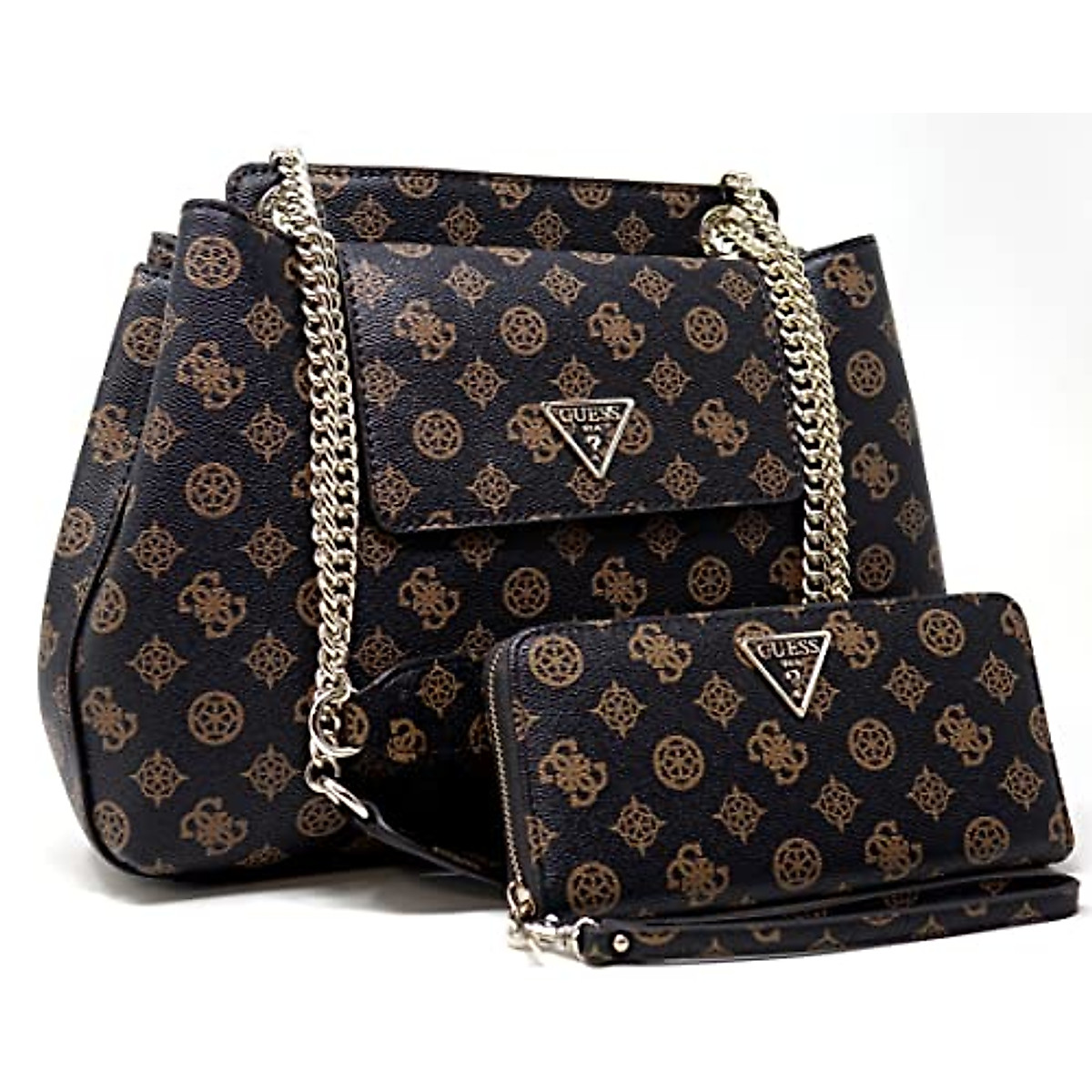 GUESS Logo Satchel Tote Bag Handbag & Wallet Set - Natural/Brown