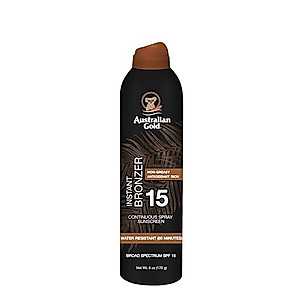 Australian Gold Continuous Spray Sunscreen with Instant Bronzer SPF 15, Immediate Glow & Dries Fast, Broad Spectrum, Water Resistant, Non-Greasy, Vegan and PETA Approved, Cocoa Dreams Scent, 6 Ounce