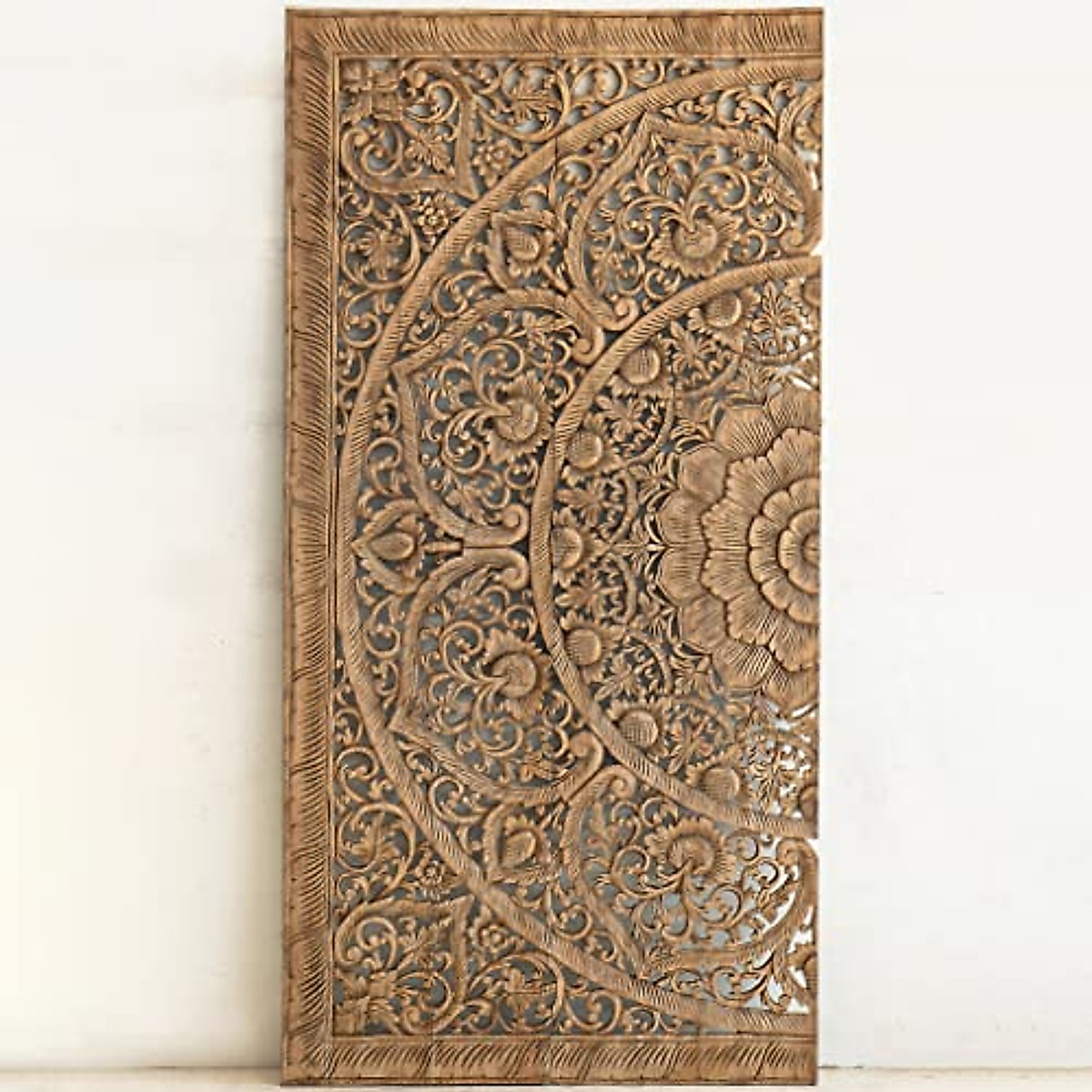 Rectangular King Size Bed Headboard, Wall Mounted Hanging Wooden Panels, Hand Carved Teak Wood Furniture, Rustic Brown color, 76x38 inches