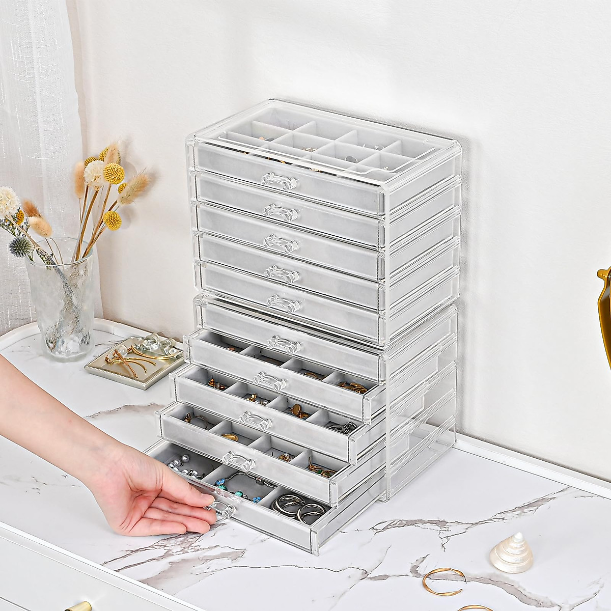 ProCase Earring Holder Organizer Jewelry Box with 10 Drawers, Acrylic Clear Earring Case with Adjustable Velvet Trays for Women - Grey, 10 Layers