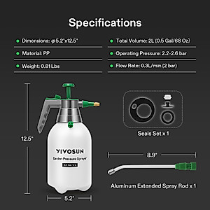 VIVOSUN 0.5Gal Handheld Garden Sprayer, 2L Pump Sprayer, 68 Oz Water Spray Bottle with Safety Valve, Adjustable Nozzle, Extended Spray Rod & Additional Seals, Ideal for Watering, Fertilizing, Cleaning