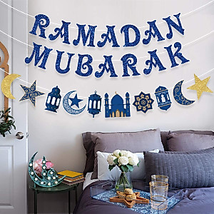 Blue Glitter Ramadan Mubarak Banner Eid Mubarak Decoration, Muslim Islamic Party Decoration, Ramadan Decorations for Home Ramadan Kareem Party Supplies Star and Moon Garland Product Name