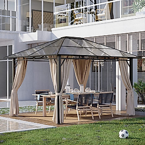 Outsunny 10' x 12' Hardtop Gazebo Canopy with Polycarbonate Roof, Aluminum Frame, Permanent Pavilion Outdoor Gazebo with Netting, for Patio, Garden, Backyard, Deck, Lawn, Dark Brown, Off-White