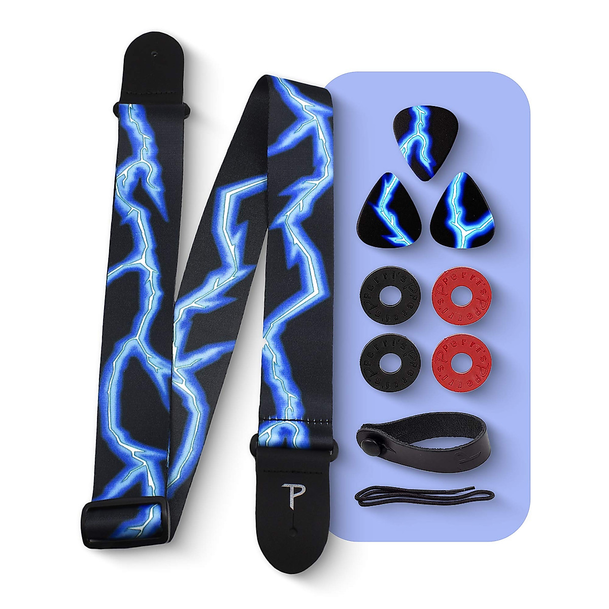 Perri's Leathers Guitar Strap - Bundle - BONUS- 3 Medium 0.71mm Picks, 1 Leather Acoustic Adaptor, 4 Strap Locks & Shoelace… (Blue Lightning)